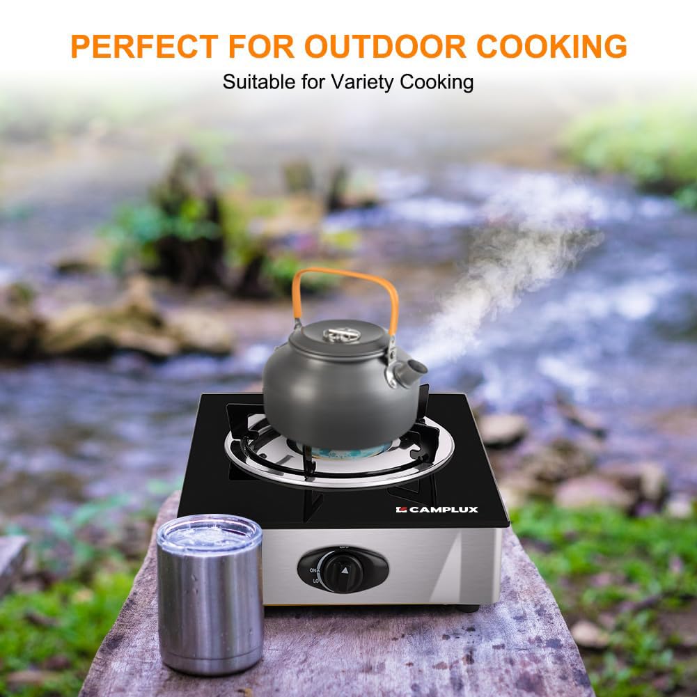 Camplux Propane Stove with Auto Ignition, Single Burner Propane Stoves 9,500 BTU, Tempered Glass Gas Cooktop
