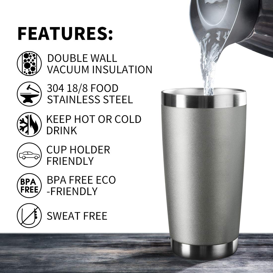 EcoMozz 20oz Tumbler Bulk Stainless Steel Vacuum Insulated Tumblers with Lid Double Wall Travel Mug Durable Powder Coated Coffee Cup, Suitable for Ice Drinks and Hot Beverage (Gray 1pack)