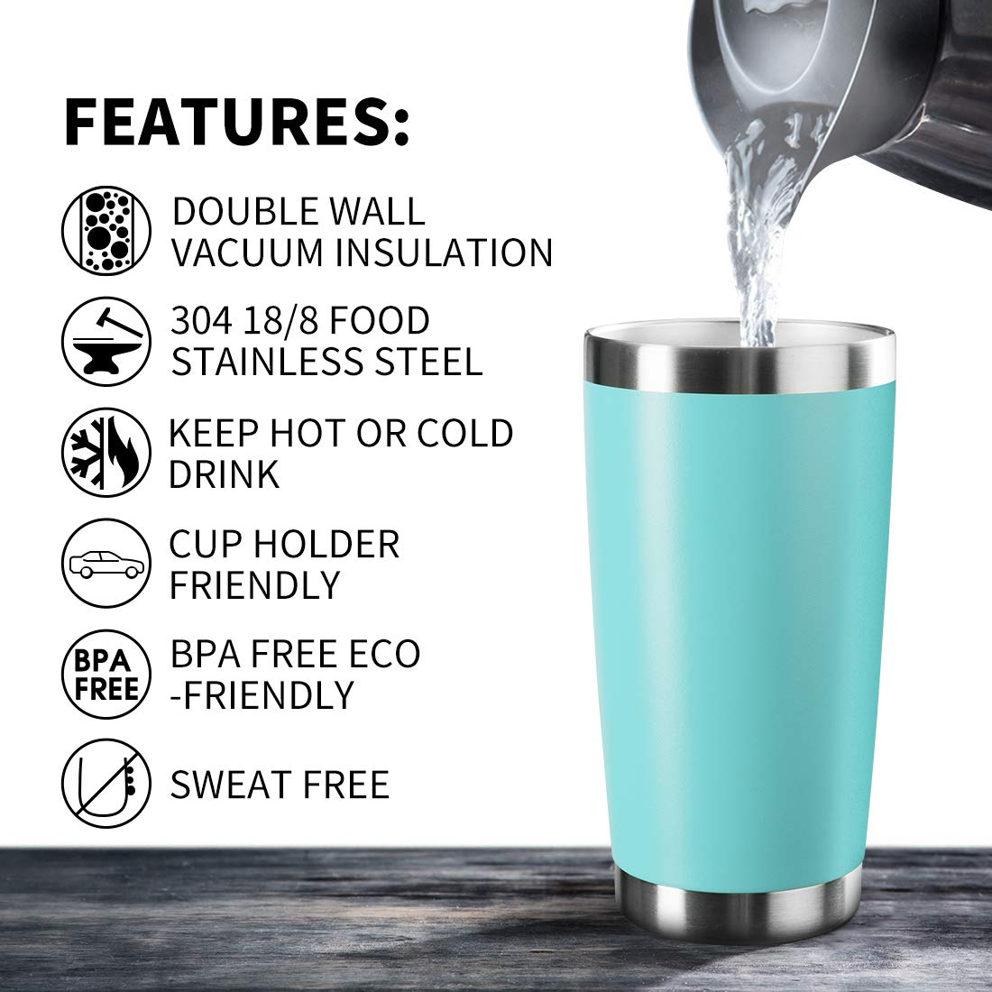 EcoMozz 20oz Tumbler Bulk Stainless Steel Vacuum Insulated Tumblers with Lid Double Wall Travel Mug Powder Coated Coffee Cup, Suitable for Ice Drinks and Hot Beverage (Light blue 1pack)