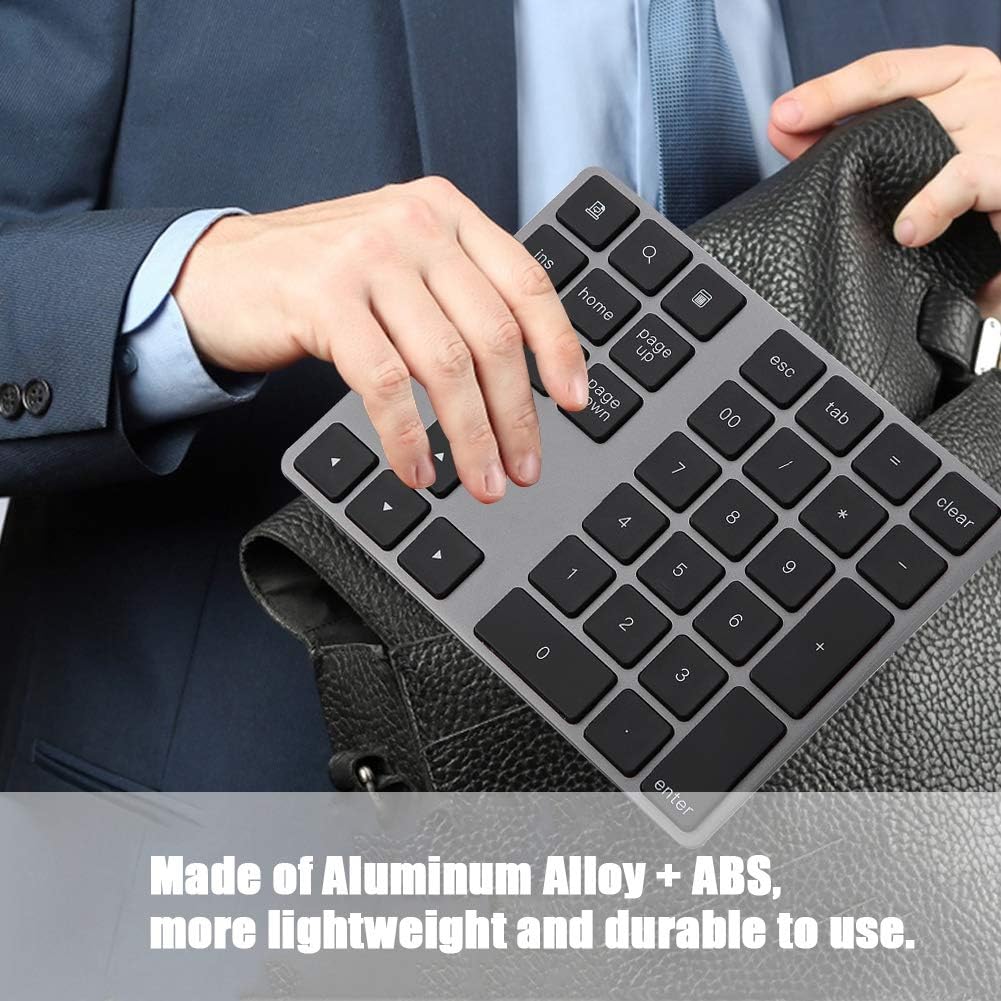 Numeric Keypad, Rechargeable Aluminum Alloy 34 Keys Mini Bluetooth Numpad, Slim External Numpad Keyboard Data Entry Support Windows, iOS, Android System
