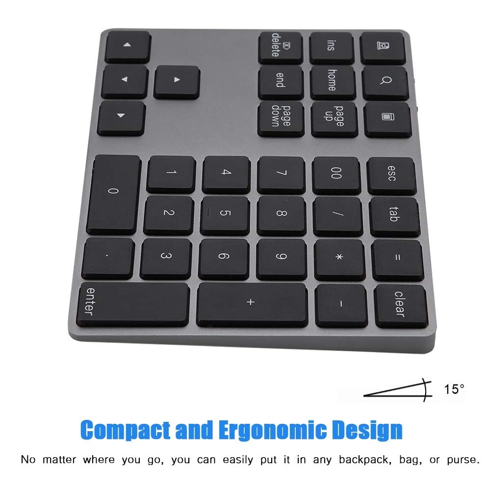 Numeric Keypad, Rechargeable Aluminum Alloy 34 Keys Mini Bluetooth Numpad, Slim External Numpad Keyboard Data Entry Support Windows, iOS, Android System