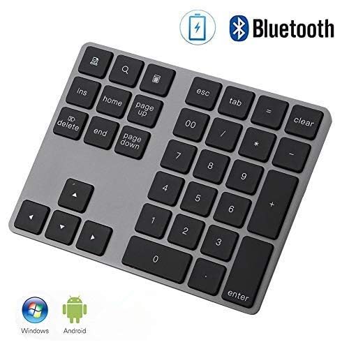 Numeric Keypad, Rechargeable Aluminum Alloy 34 Keys Mini Bluetooth Numpad, Slim External Numpad Keyboard Data Entry Support Windows, iOS, Android System