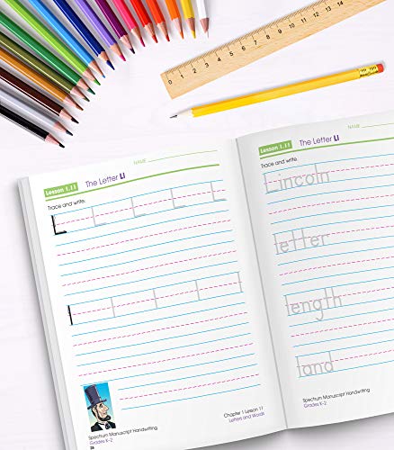 Spectrum Manuscript Handwriting Workbooks, Ages 5 to 8, Kindergarten to 2nd Grade Handwriting Practice With Lower-and Uppercase Letters, Sentence Practice, and Vocabulary - 96 Pages
