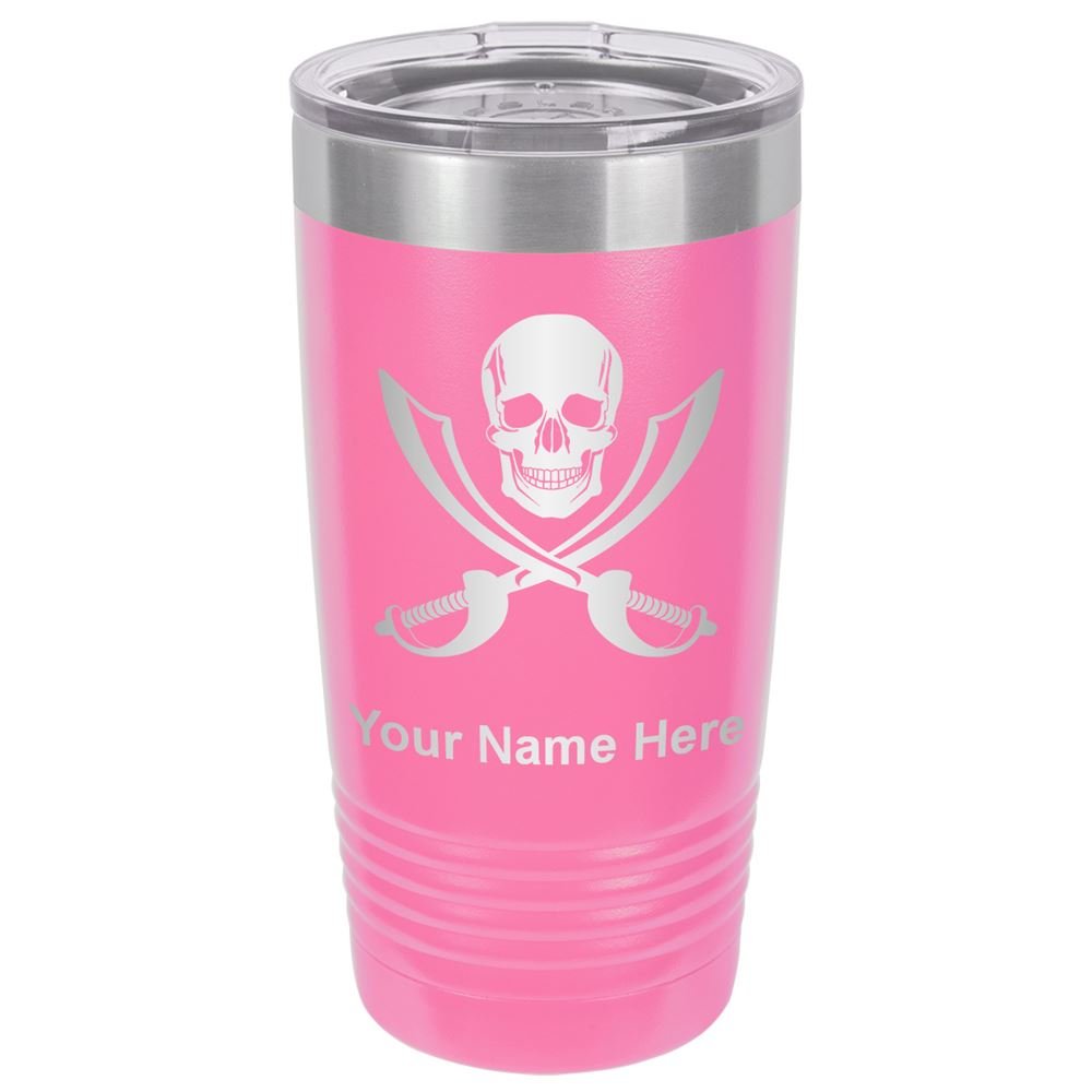 LaserGram 20oz Vacuum Insulated Tumbler Mug, Jolly Roger, Personalized Engraving Included (Pink)