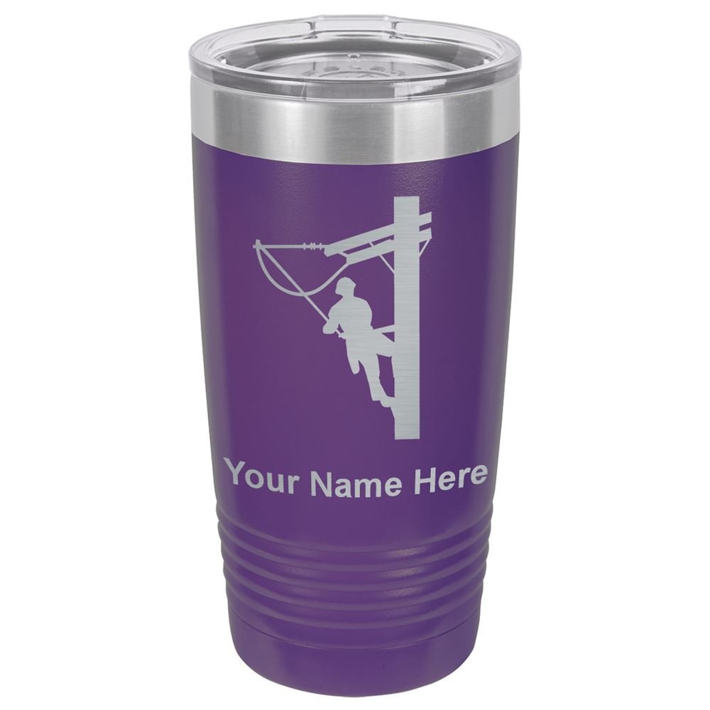 LaserGram 20oz Vacuum Insulated Tumbler Mug, Lineman, Personalized Engraving Included (Dark Purple)