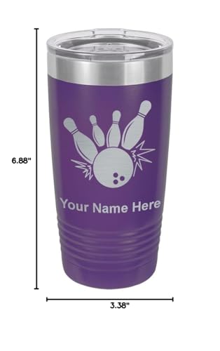 LaserGram 20oz Vacuum Insulated Tumbler Mug, Bowling Ball and Pins, Personalized Engraving Included (Dark Purple)