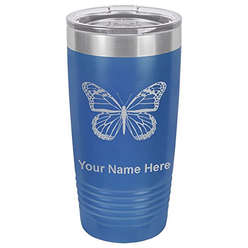 LaserGram 20oz Vacuum Insulated Tumbler Mug, Monarch Butterfly, Personalized Engraving Included (Dark Blue)