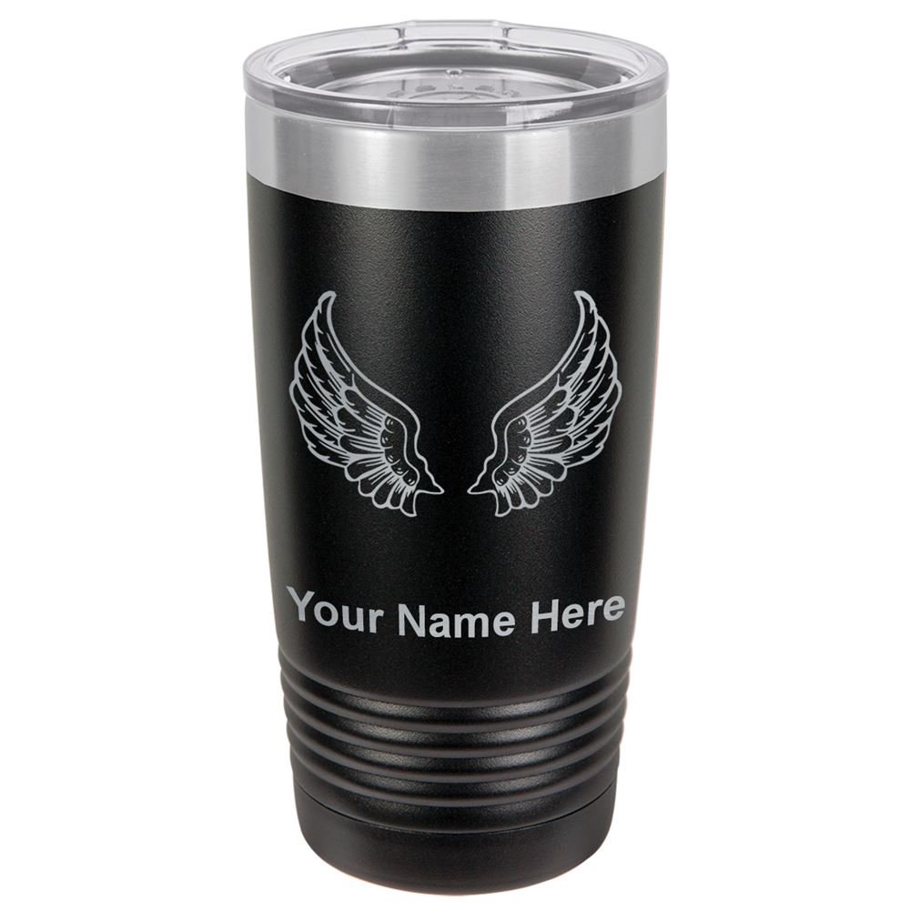 LaserGram 20oz Vacuum Insulated Tumbler Mug, Angel Wings, Personalized Engraving Included (Black)