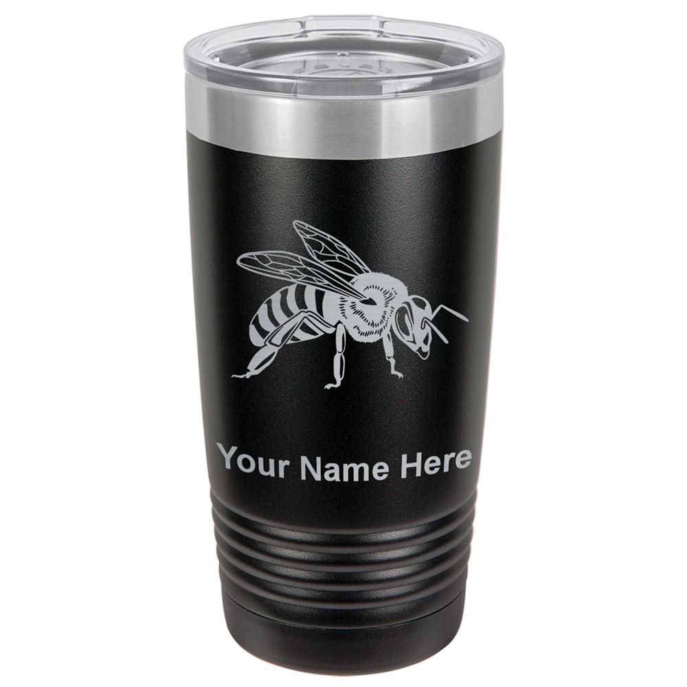 LaserGram 20oz Vacuum Insulated Tumbler Mug, Honey Bee, Personalized Engraving Included (Black)