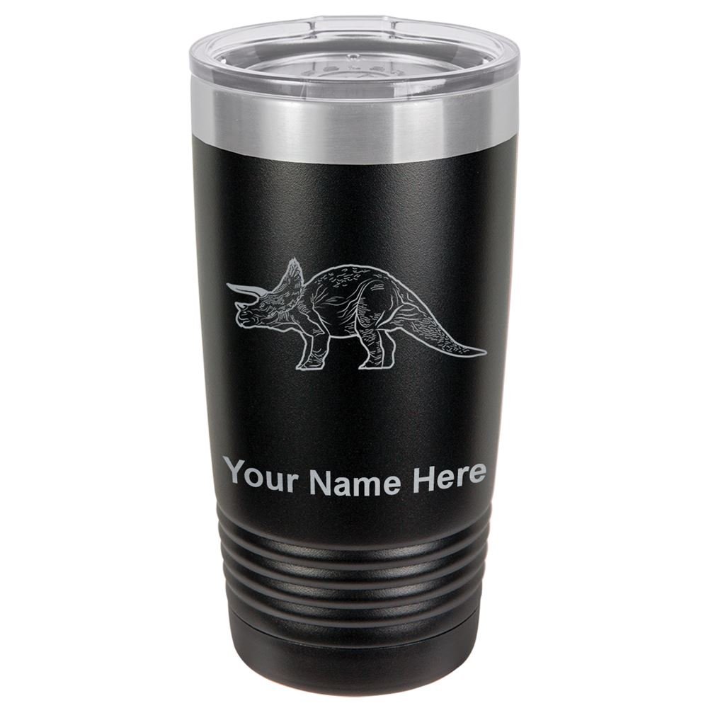 LaserGram 20oz Vacuum Insulated Tumbler Mug, Triceratops Dinosaur, Personalized Engraving Included (Black)