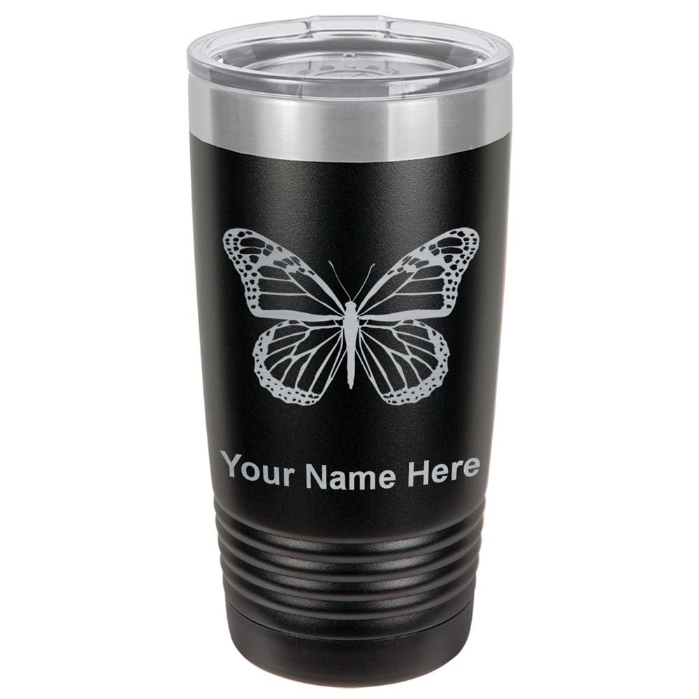 LaserGram 20oz Vacuum Insulated Tumbler Mug, Monarch Butterfly, Personalized Engraving Included (Black)