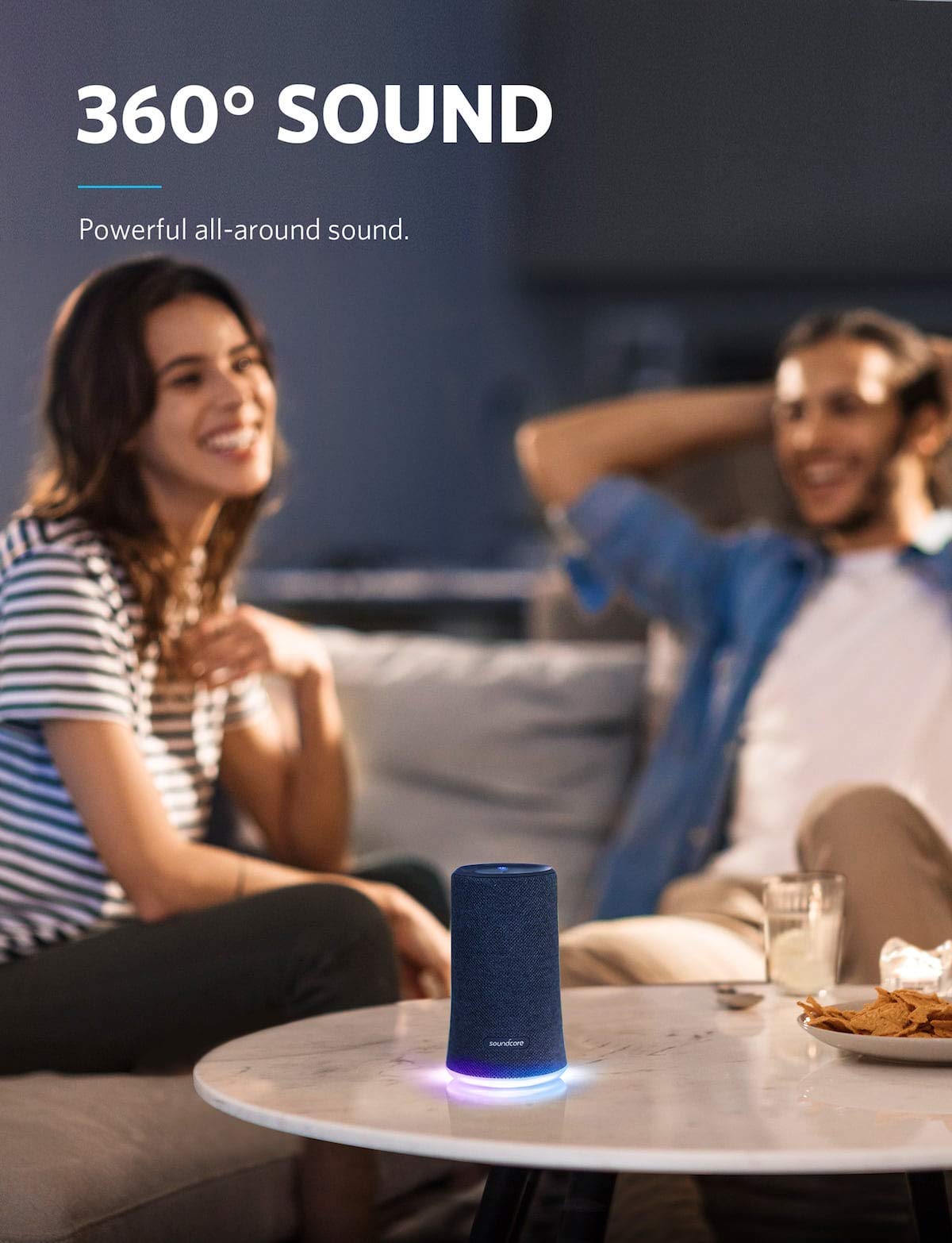 Bluetooth Speaker, Soundcore Flare Wireless Speaker by Anker, Portable Party Speaker with 360° Sound, Enhanced Bass, Ambient LED Light, IP67 Dustproof & Waterproof, and 12H Battery Life—Blue (Renewed)