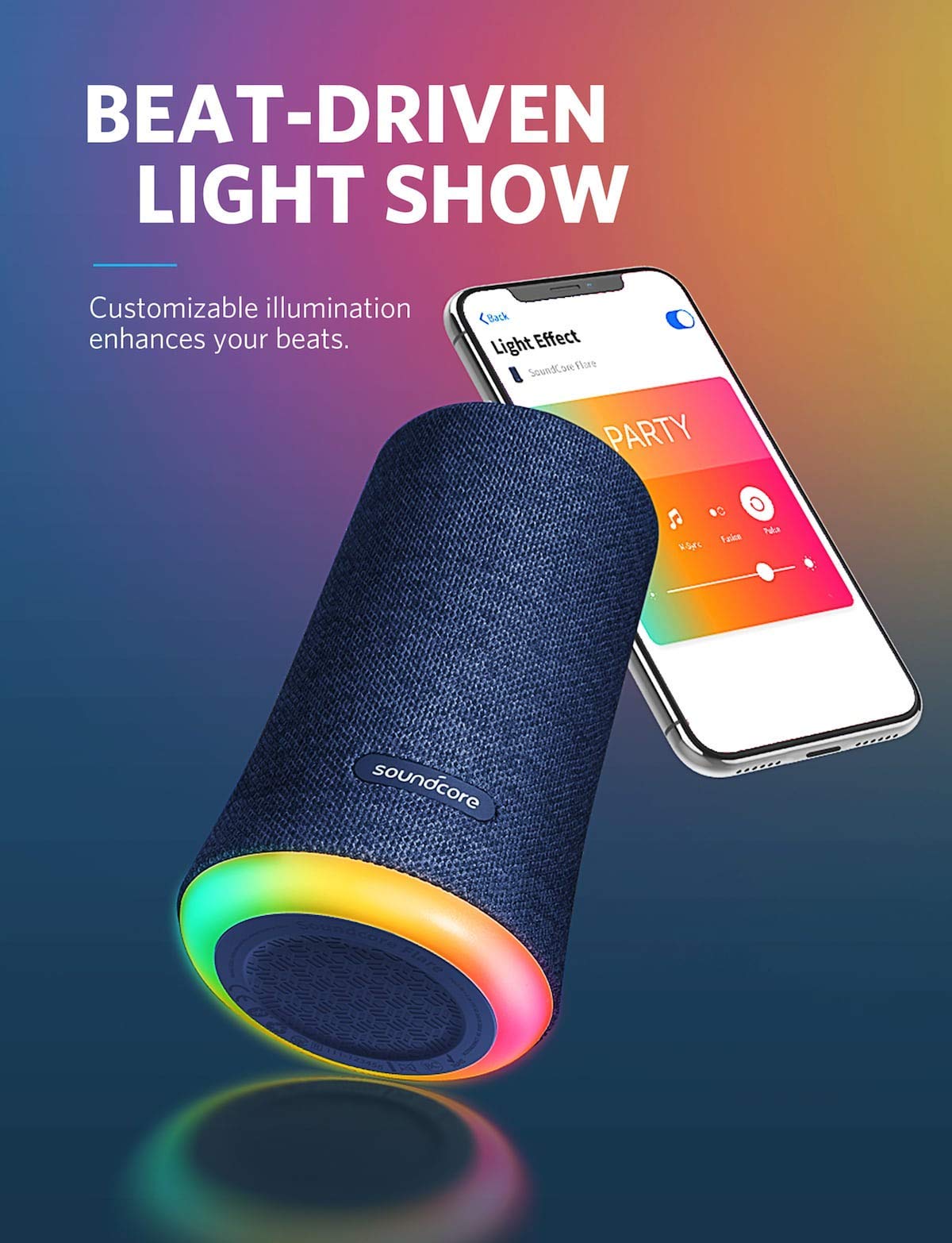 Bluetooth Speaker, Soundcore Flare Wireless Speaker by Anker, Portable Party Speaker with 360° Sound, Enhanced Bass, Ambient LED Light, IP67 Dustproof & Waterproof, and 12H Battery Life—Blue (Renewed)
