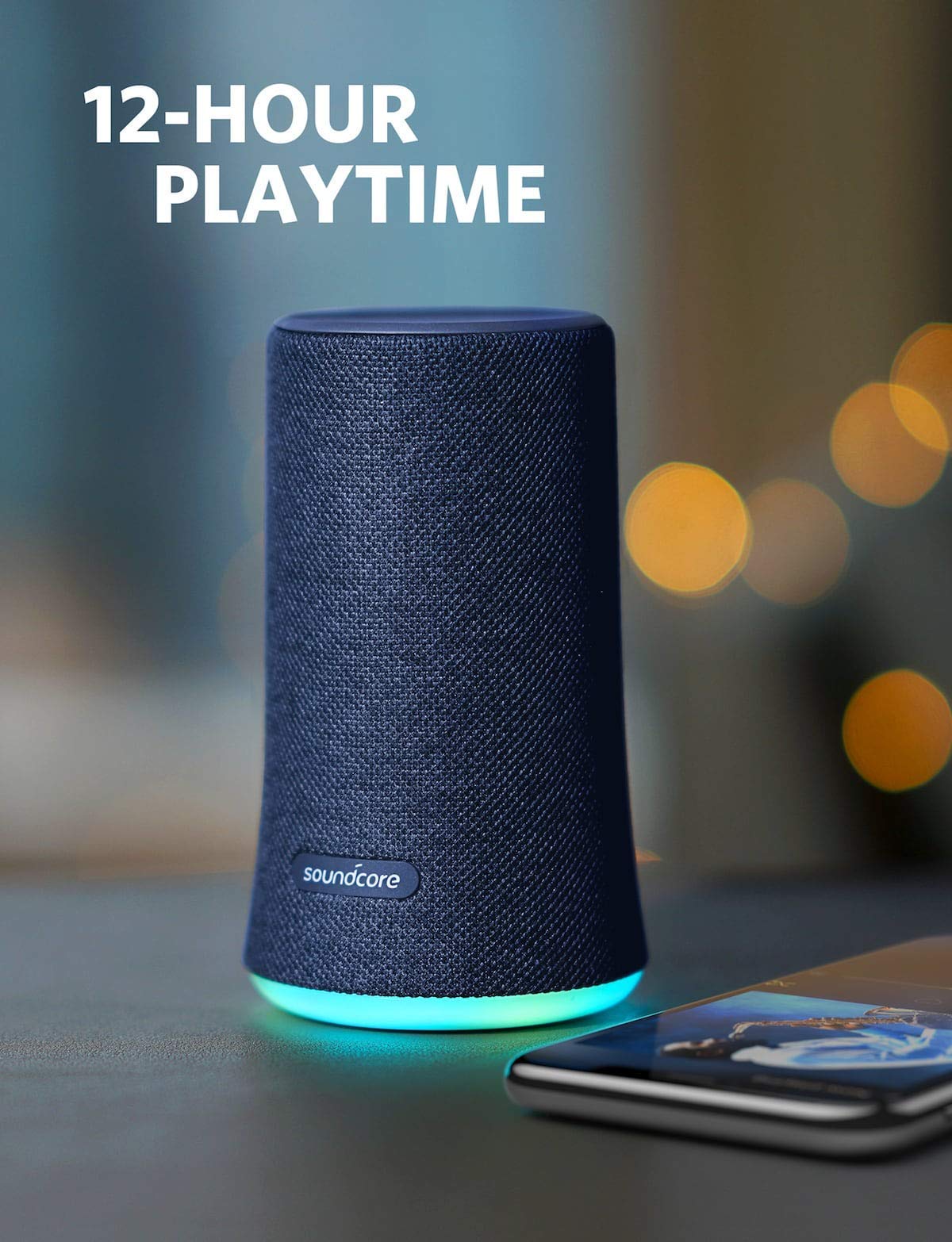 Bluetooth Speaker, Soundcore Flare Wireless Speaker by Anker, Portable Party Speaker with 360° Sound, Enhanced Bass, Ambient LED Light, IP67 Dustproof & Waterproof, and 12H Battery Life—Blue (Renewed)