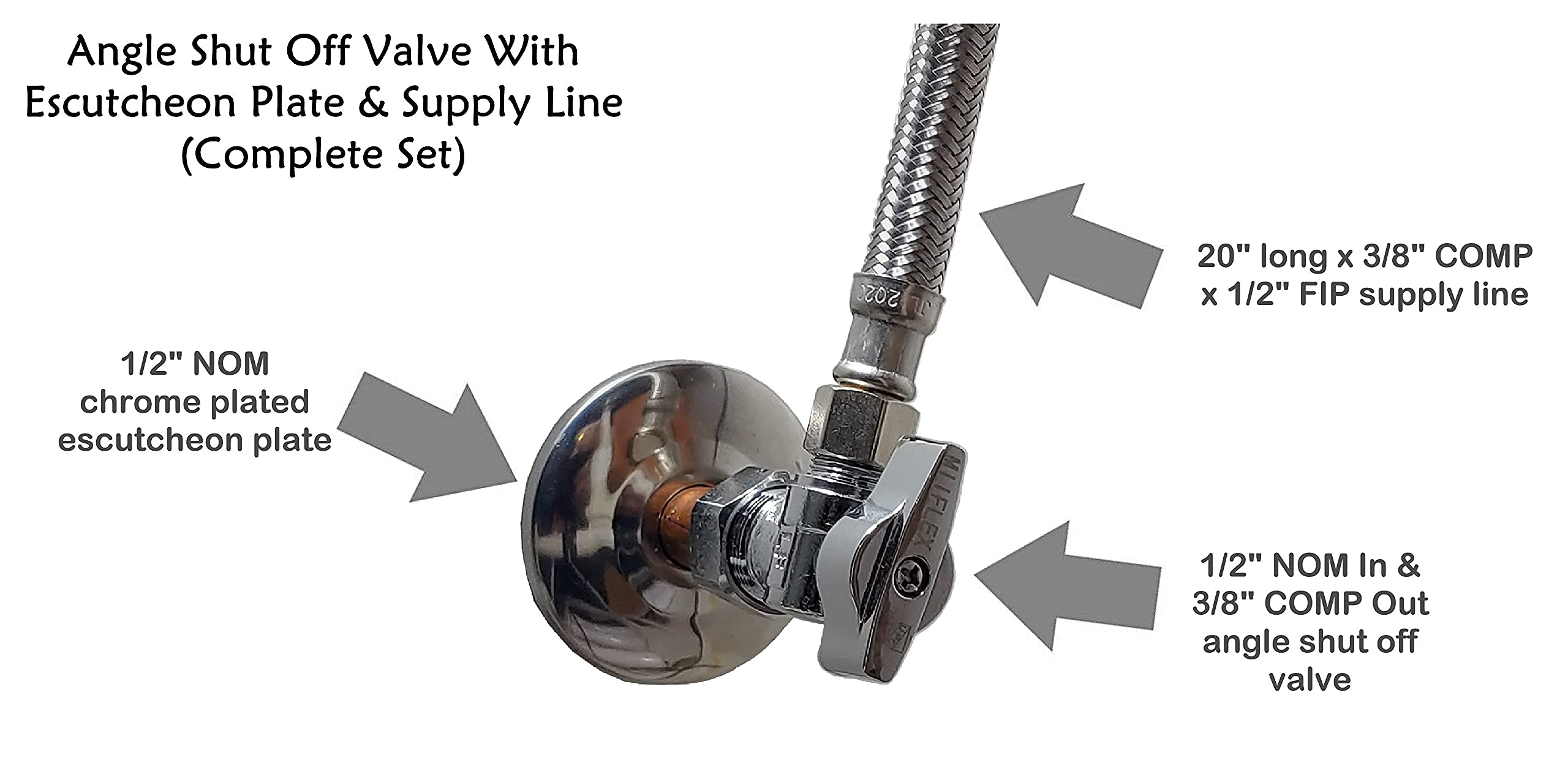 Complete Set 1/2 in. NOM Inlet x 3/8 in. OD Compression Outlet Angle Shut Off Valve + Escutcheon Plate + 20" Long Stainless Steel Braided Faucet Water Supply Line (2 Pack)