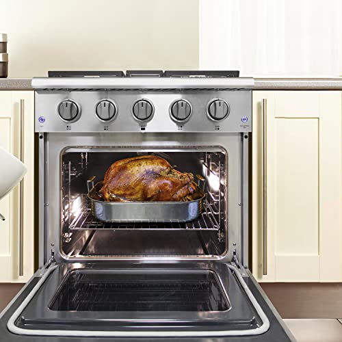 BRAMA Gas Range with 4 Burner Cooktop, Freestanding 30-Inch with Porcelain Convection Oven and Broil Function, Continuous Grates with Stainless Steel Construction, 4.2 Cu.Ft., Metallic