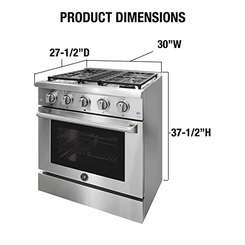 BRAMA Gas Range with 4 Burner Cooktop, Freestanding 30-Inch with Porcelain Convection Oven and Broil Function, Continuous Grates with Stainless Steel Construction, 4.2 Cu.Ft., Metallic