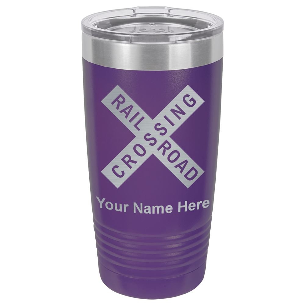 LaserGram 20oz Vacuum Insulated Tumbler Mug, Railroad Crossing Sign 1, Personalized Engraving Included (Dark Purple)