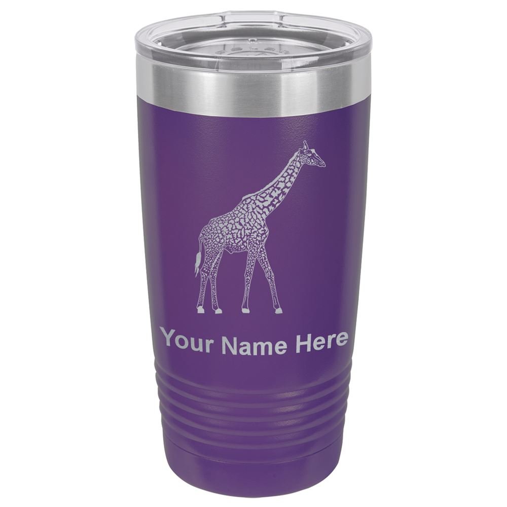 LaserGram 20oz Vacuum Insulated Tumbler Mug, Giraffe, Personalized Engraving Included (Dark Purple)