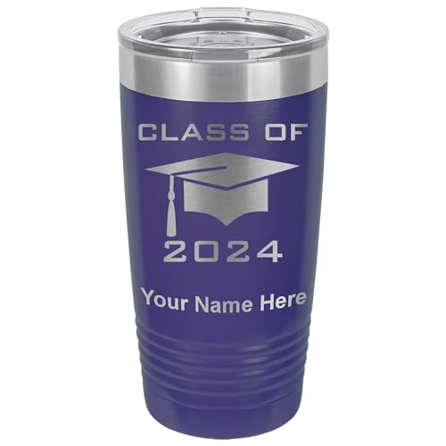 LaserGram 20oz Vacuum Insulated Tumbler Mug, Grad Cap Class of 2023, 2024, 2025, 2026, 2027, Personalized Engraving Included (Dark Purple)