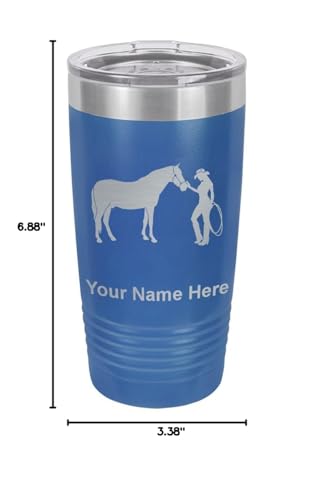 LaserGram 20oz Vacuum Insulated Tumbler Mug, Horse and Cowgirl, Personalized Engraving Included (Dark Blue)