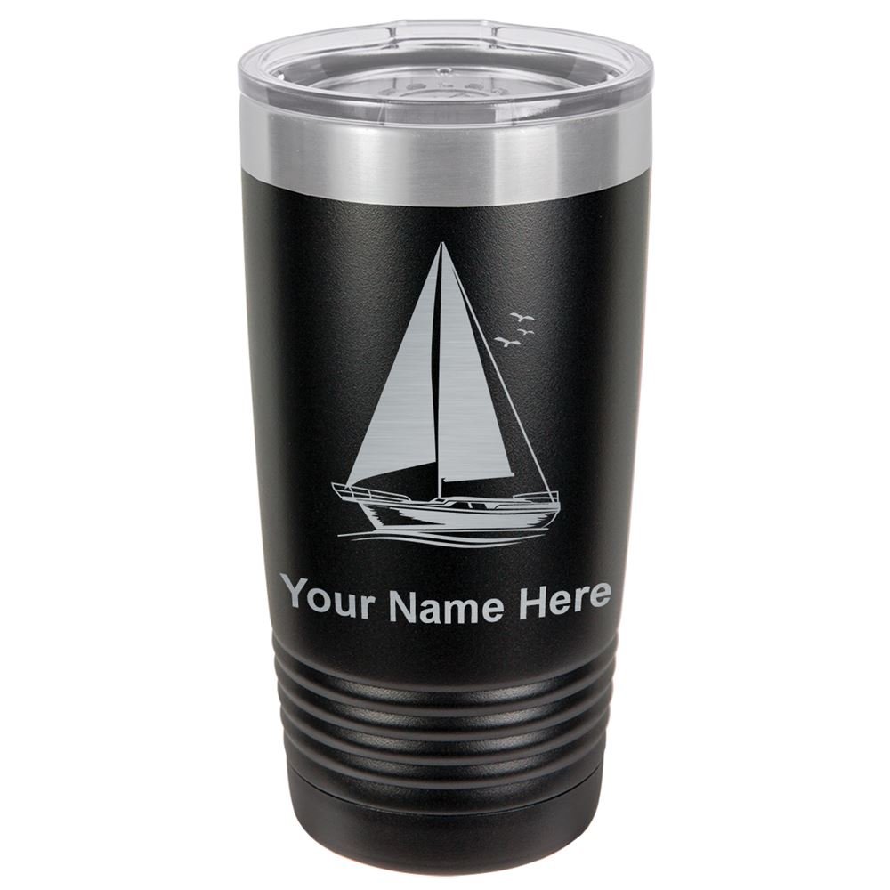 LaserGram 20oz Vacuum Insulated Tumbler Mug, Sailboat, Personalized Engraving Included (Black)