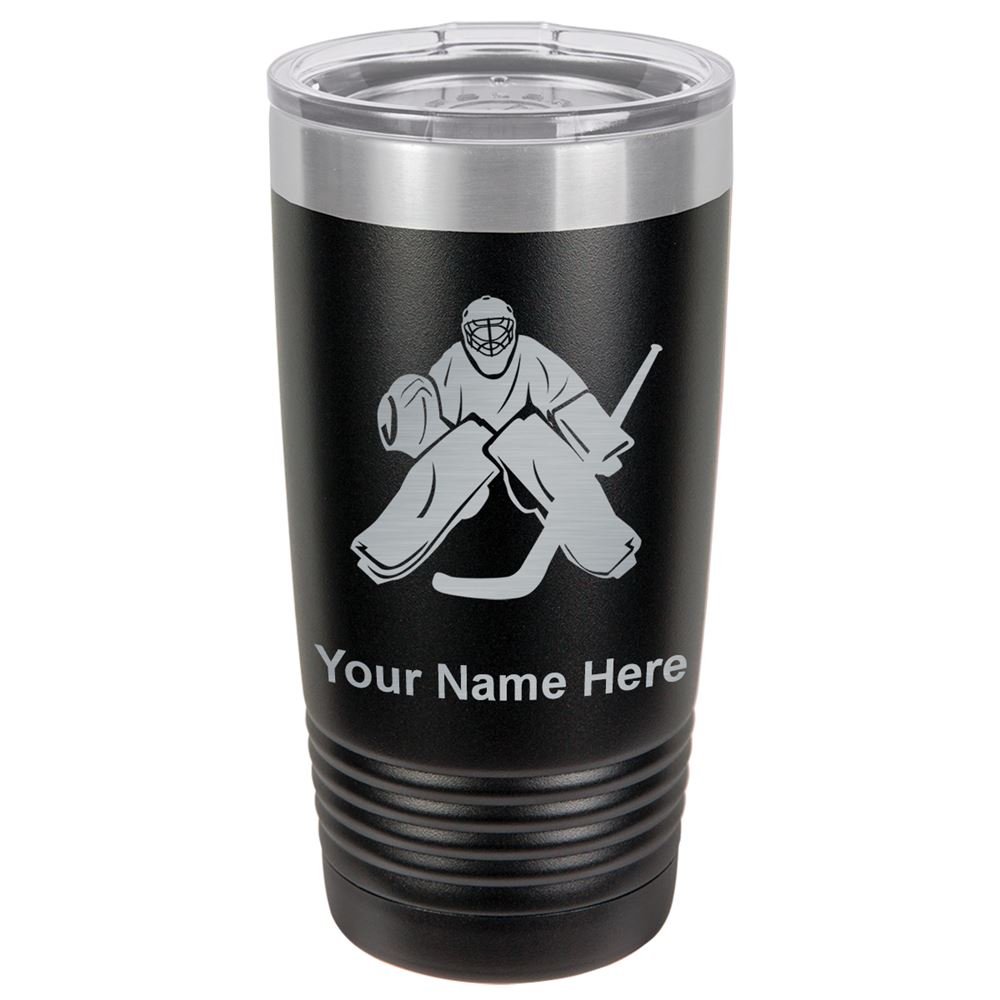 LaserGram 20oz Vacuum Insulated Tumbler Mug, Hockey Goalie, Personalized Engraving Included (Black)