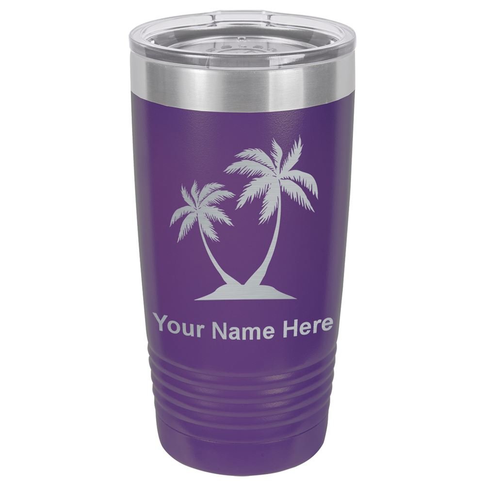 LaserGram 20oz Vacuum Insulated Tumbler Mug, Palm Trees, Personalized Engraving Included (Dark Purple)