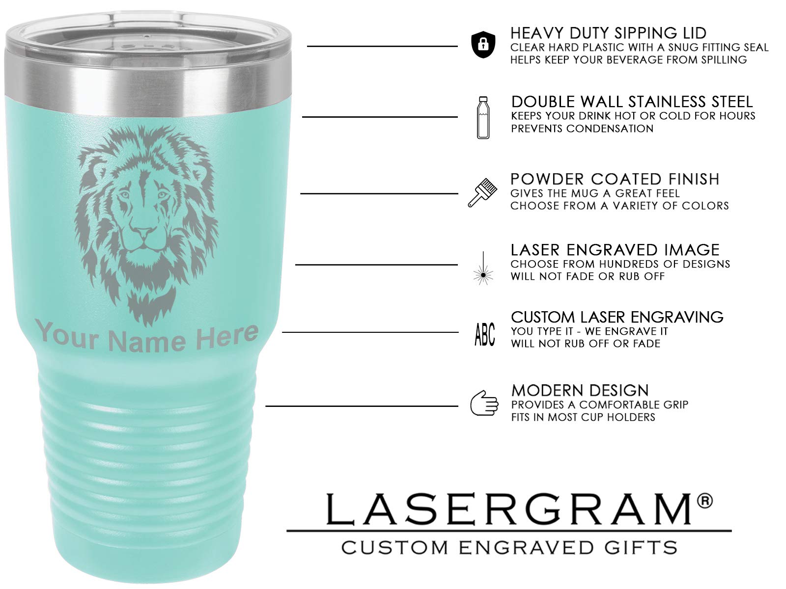 LaserGram 30oz Vacuum Insulated Tumbler Mug, Tyrannosaurus Rex Dinosaur, Personalized Engraving Included (Teal)