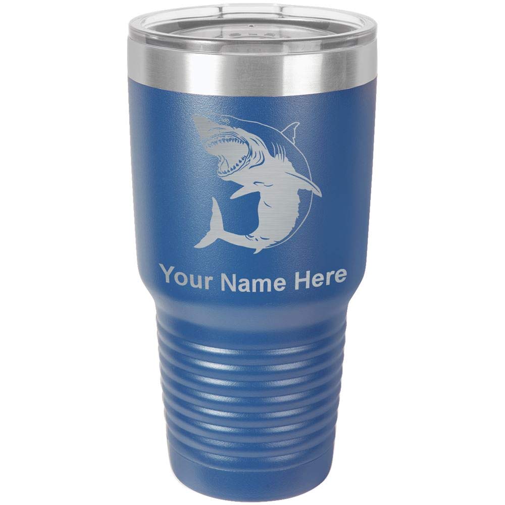 LaserGram 30oz Vacuum Insulated Tumbler Mug, Great White Shark, Personalized Engraving Included (Dark Blue)