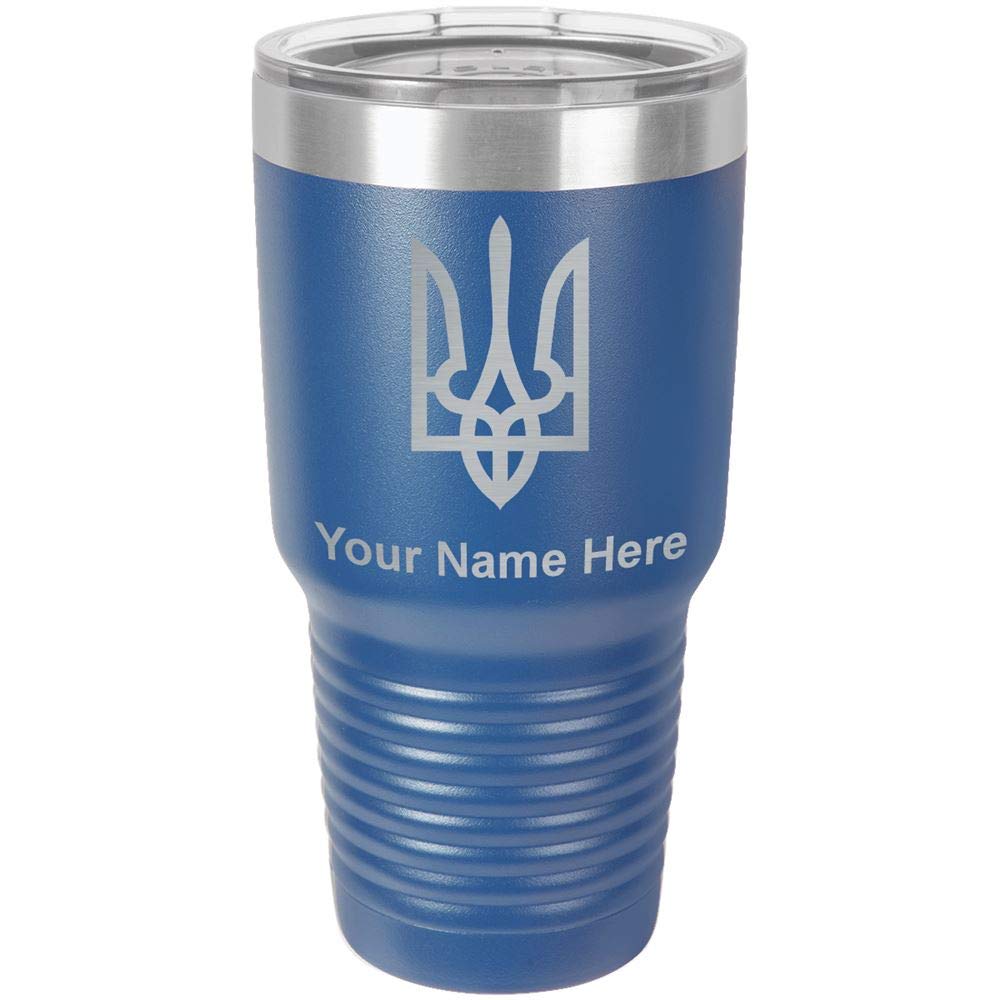 LaserGram 30oz Vacuum Insulated Tumbler Mug, Flag of Ukraine, Personalized Engraving Included (Dark Blue)