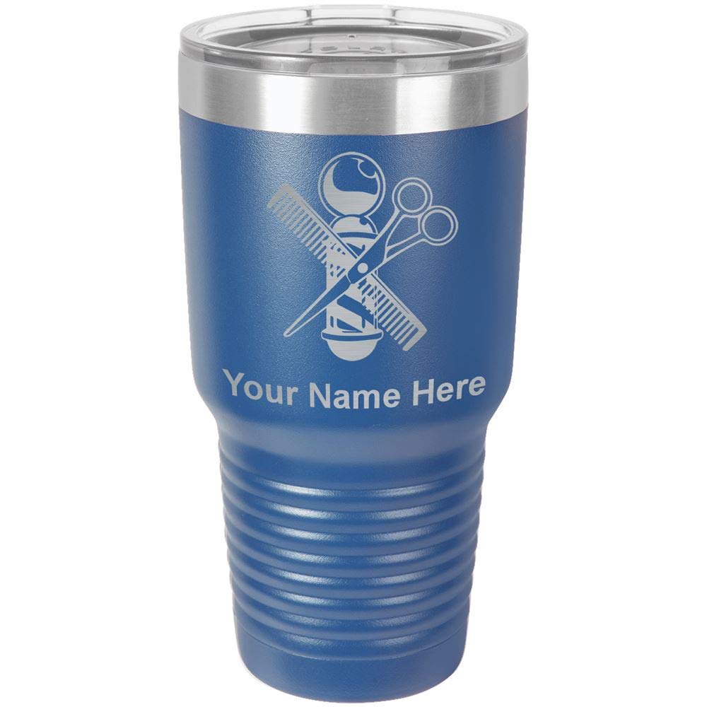 LaserGram 30oz Vacuum Insulated Tumbler Mug, Barber Shop Pole, Personalized Engraving Included (Dark Blue)