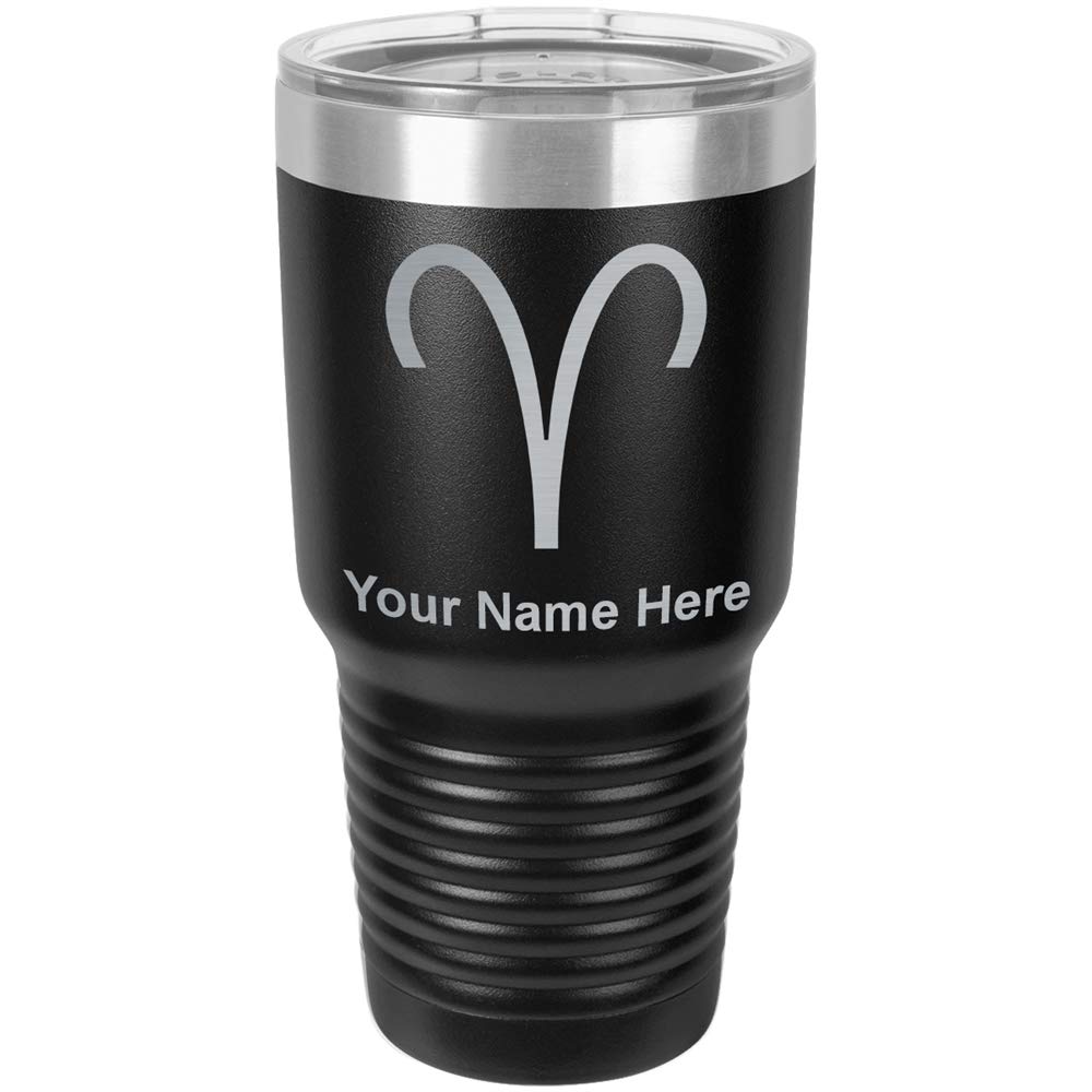 LaserGram 30oz Vacuum Insulated Tumbler Mug, Zodiac Sign Aries, Personalized Engraving Included (Black)