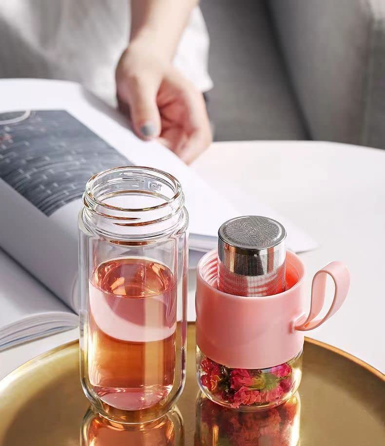 Little Bees Double Wall Glass Tea Bottle Portable Tea Tumbler with Infuser Leak-Proof Travel Mug 14oz Blue