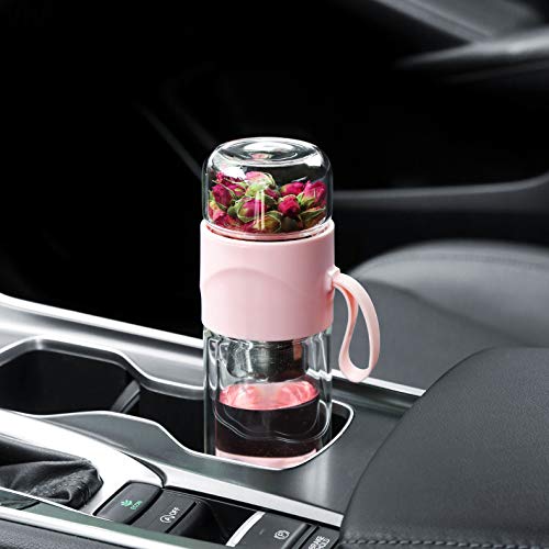 Little Bees Double Wall Glass Tea Bottle Portable Tea Tumbler with Infuser Leak-Proof Travel Mug 14oz Blue