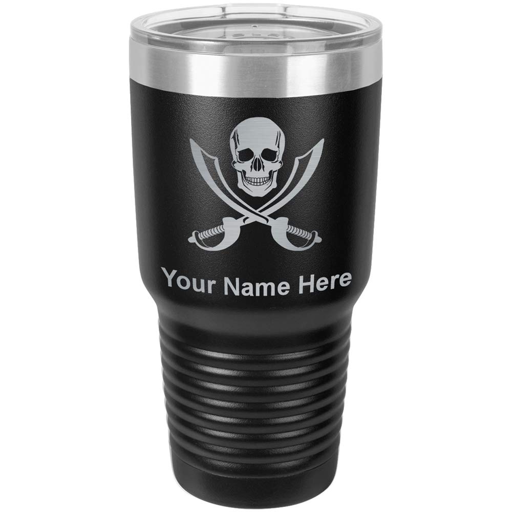 LaserGram 30oz Vacuum Insulated Tumbler Mug, Jolly Roger, Personalized Engraving Included (Black)