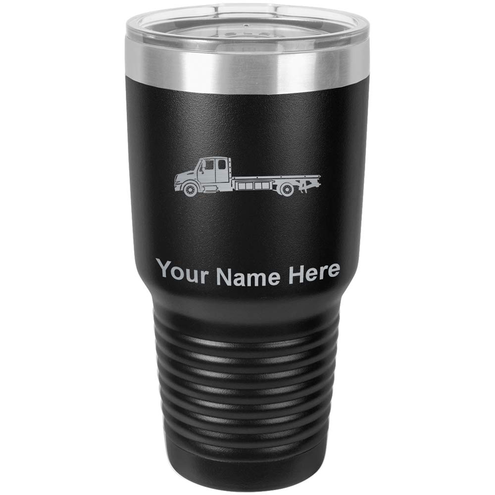 LaserGram 30oz Vacuum Insulated Tumbler Mug, Flat Bed Tow Truck, Personalized Engraving Included (Black)
