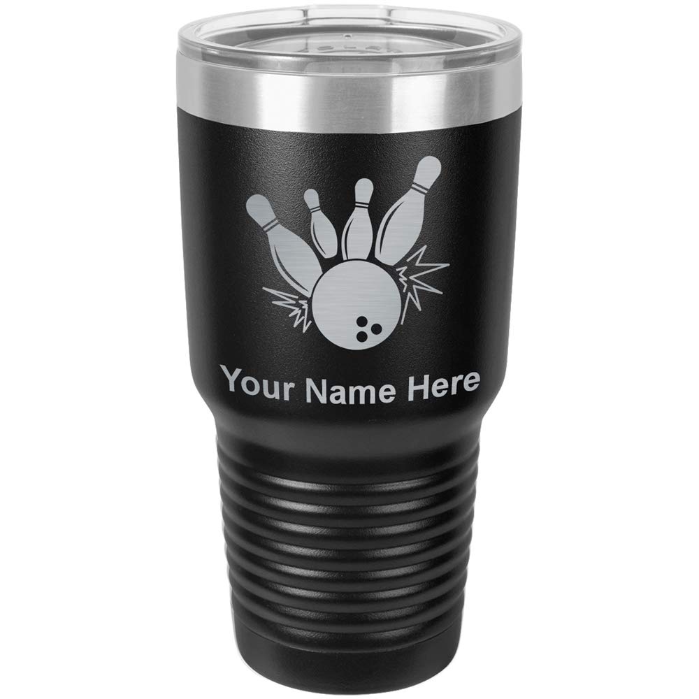 LaserGram 30oz Vacuum Insulated Tumbler Mug, Bowling Ball and Pins, Personalized Engraving Included (Black)