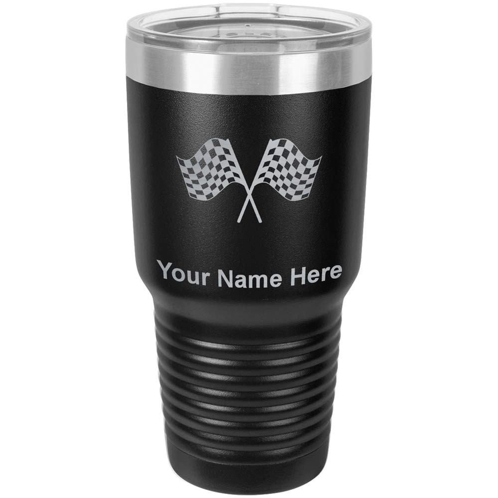 LaserGram 30oz Vacuum Insulated Tumbler Mug, Racing Flags, Personalized Engraving Included (Black)