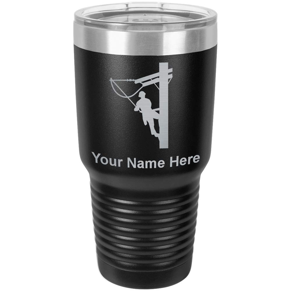 LaserGram 30oz Vacuum Insulated Tumbler Mug, Lineman, Personalized Engraving Included (Black)