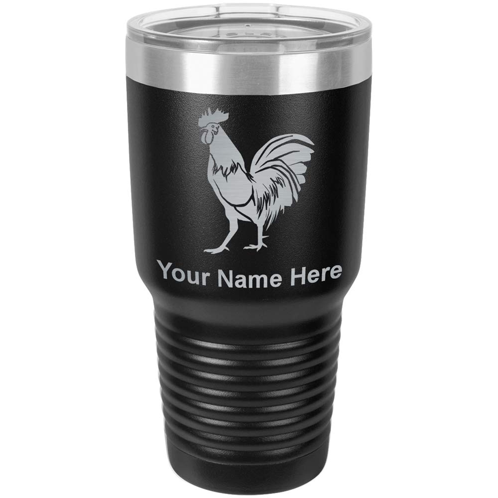 LaserGram 30oz Vacuum Insulated Tumbler Mug, Rooster, Personalized Engraving Included (Black)
