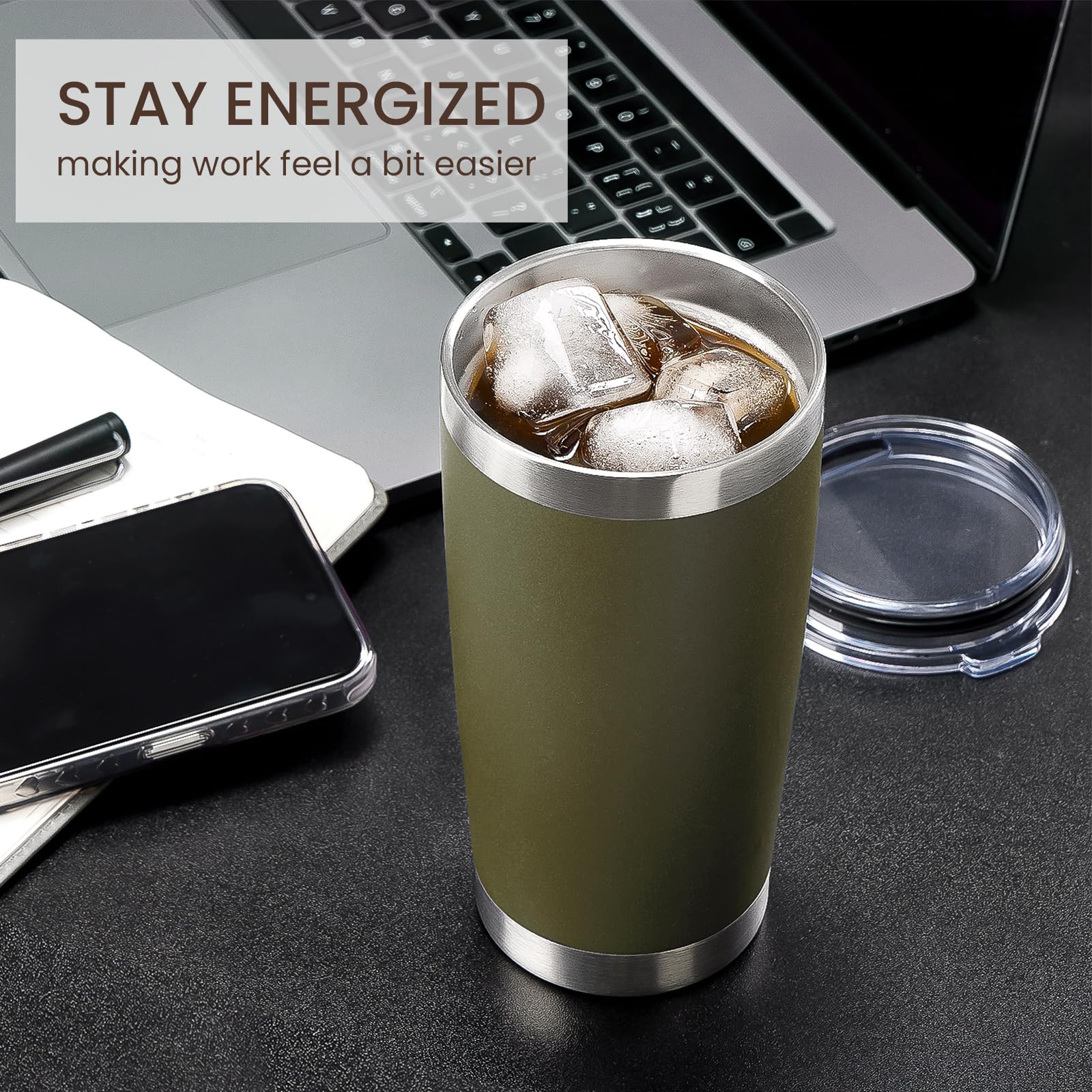 MEWAY 20oz Tumbler Cup Double Wall Vacuum Insulated Travel Mug Bulk, Stainless Steel Tumblers with Lid and Straw, Durable Powder Coated Coffee Cups for Cold & Hot Drinks (Army Green, 1)