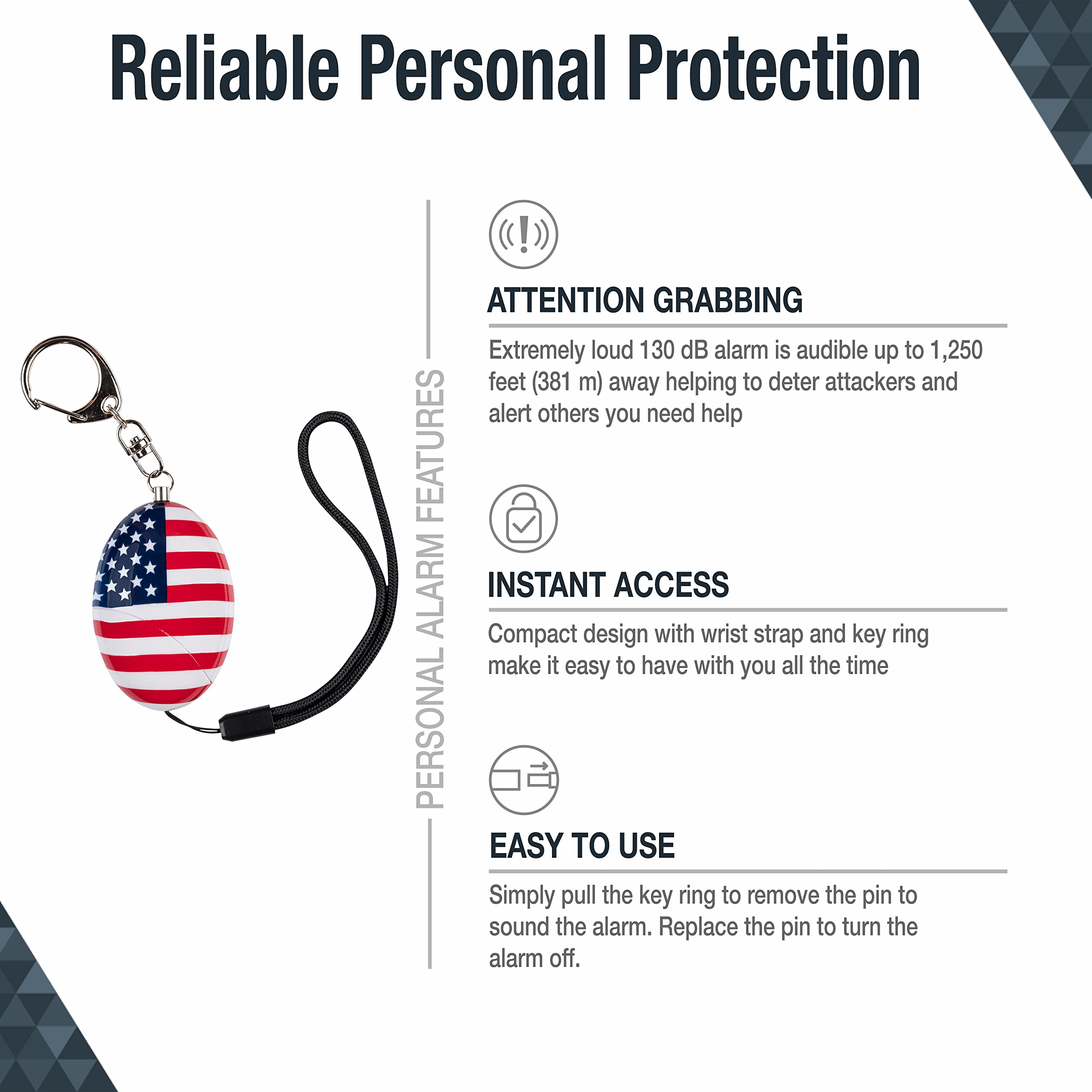 SABRE Personal Alarm With Snap Clip Key Ring, 120dB Alarm, Audible Up To 1,280 Feet (390 Meters), Simple Operation, Reusable