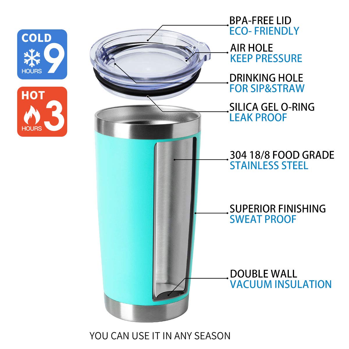 HASLE OUTFITTERS 20oz Tumblers Bulk Stainless Steel Cup with Lid Double Wall Vacuum Insulated Coffee Mug for Cold & Hot Drinks 1 Pack, Light Blue