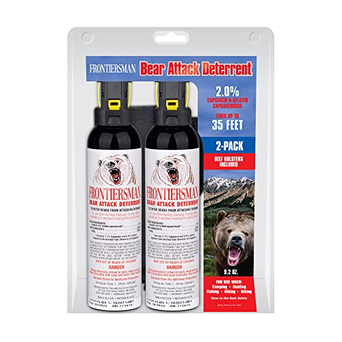 SABRE Frontiersman 9.2 fl oz. Bear Spray, Maximum Strength 2.0% Major Capsaicinoids, Powerful 35 ft. Range Bear Deterrent, Outdoor Camping & Hiking Protection, Quick Draw Holster & Multipack Options