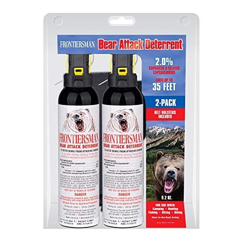 SABRE Frontiersman 9.2 fl oz. Bear Spray, Maximum Strength 2.0% Major Capsaicinoids, Powerful 35 ft. Range Bear Deterrent, Outdoor Camping & Hiking Protection, Quick Draw Holster & Multipack Options