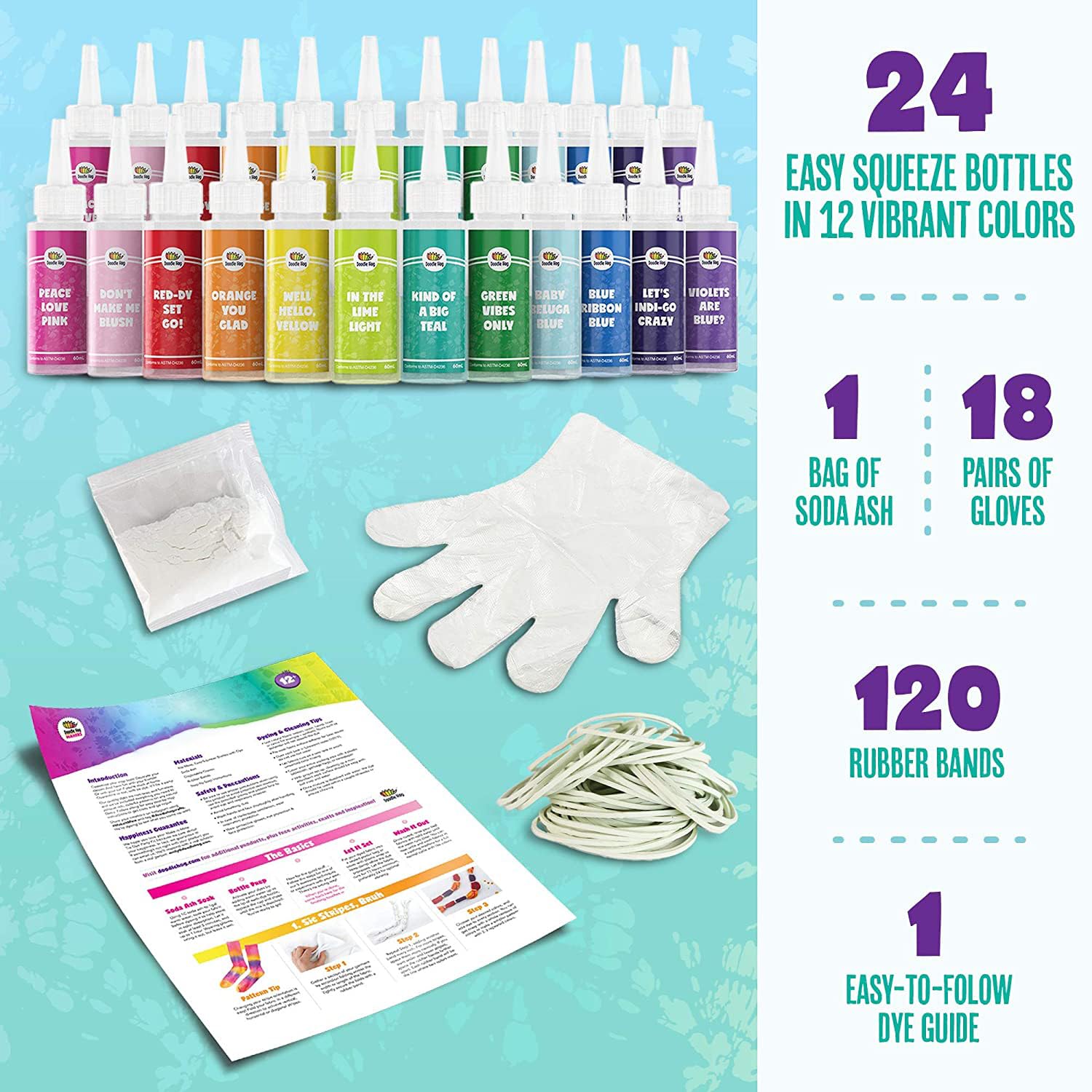 DOODLE HOG Tie Dye Kit for Kids & Adults - 24 Large Tye Dye Bottles with 12 Colors & Tie Dye Powder, Soda Ash, Gloves - Tie Dye Kits for Large Groups