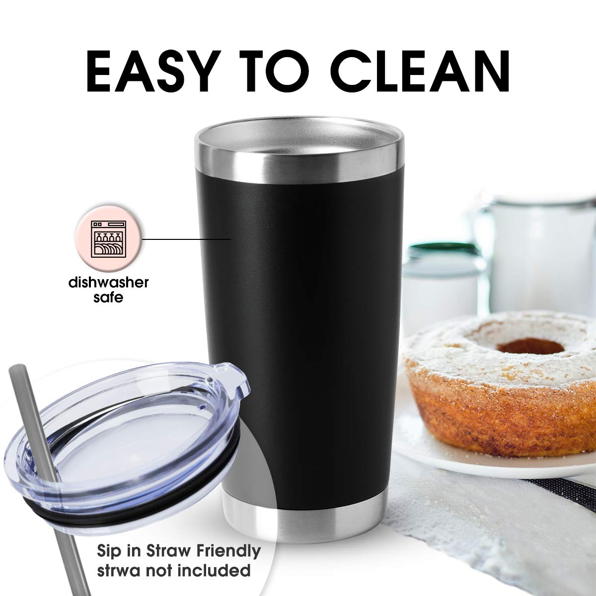 HASLE OUTFITTERS 20oz Tumblers Bulk Stainless Steel Cups with Lid Double Wall Vacuum Insulated Coffee Mugs for Cold & Hot Drinks 1 Pack, Black