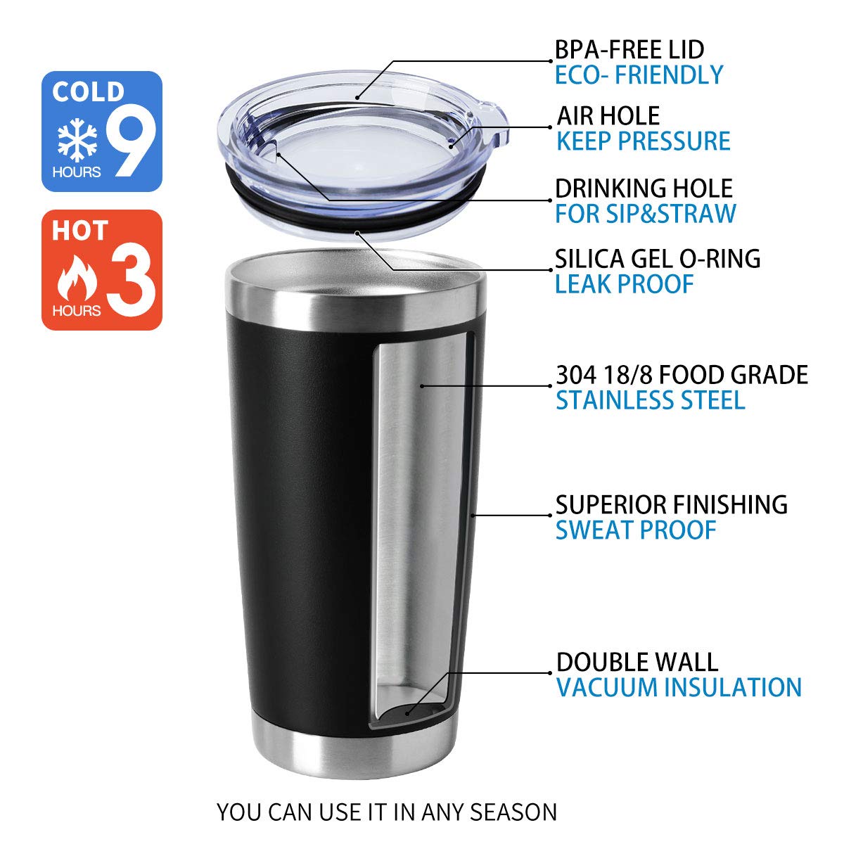 HASLE OUTFITTERS 20oz Tumblers Bulk Stainless Steel Cups with Lid Double Wall Vacuum Insulated Coffee Mugs for Cold & Hot Drinks 1 Pack, Black