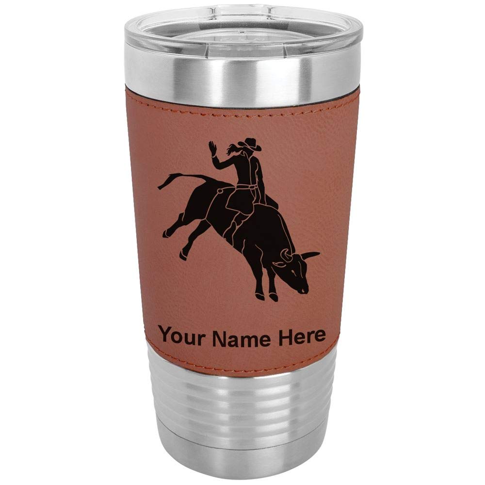 LaserGram 20oz Vacuum Insulated Tumbler Mug, Bull Rider Cowgirl, Personalized Engraving Included (Faux Leather, Dark Brown)